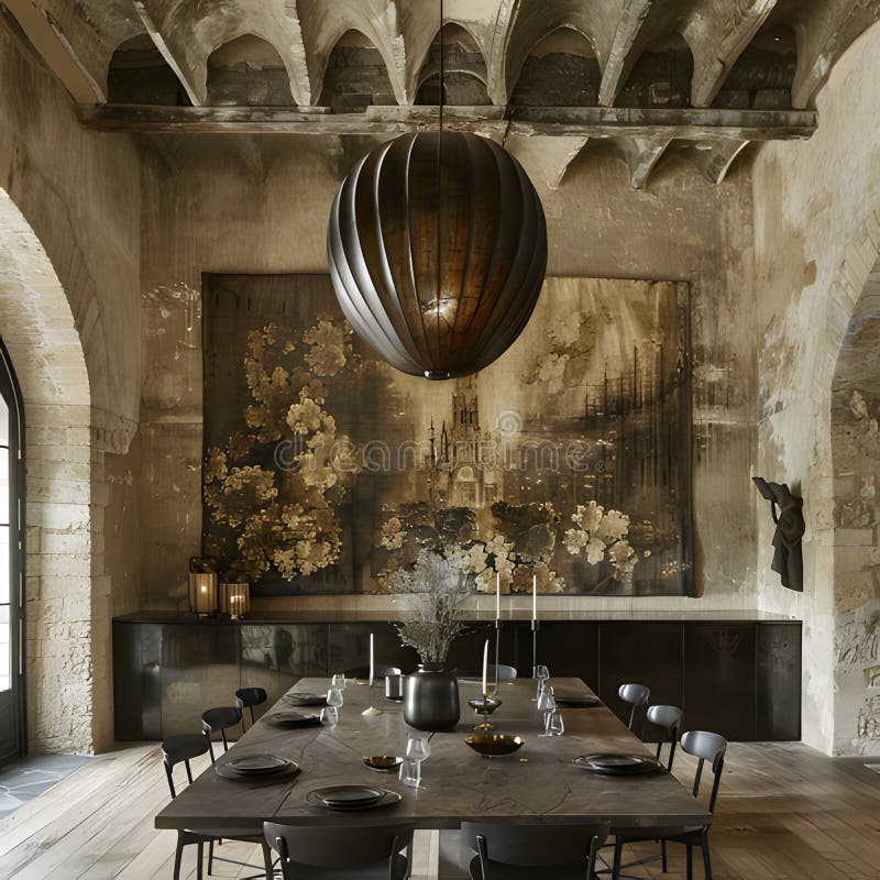 Contemporary Dining Room in a Medieval Castle Stock Illustration ...