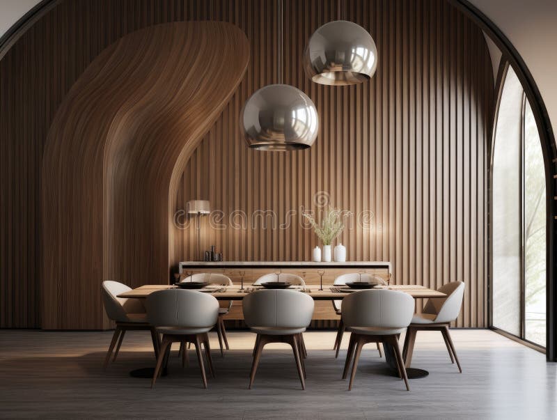 Contemporary Dining Space with Hypermodern Wooden Wall Stock ...