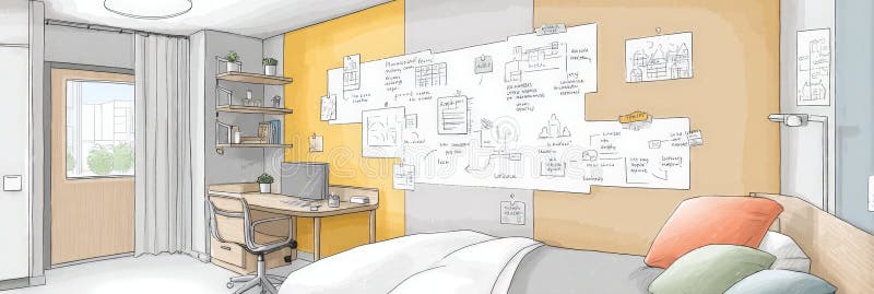 Contemporary Dorm Room Interior with Desk, Bed, and Creative Wall Art ...