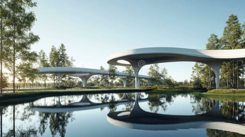 Contemporary Elevated Bridge Over Reflective Waters Stock Photo - Image ...