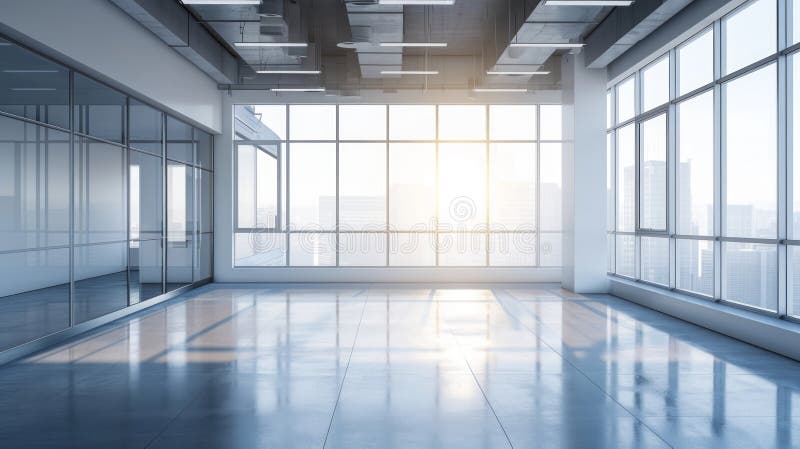 Contemporary Empty Office Space with Expansive Windows and Metropolitan ...