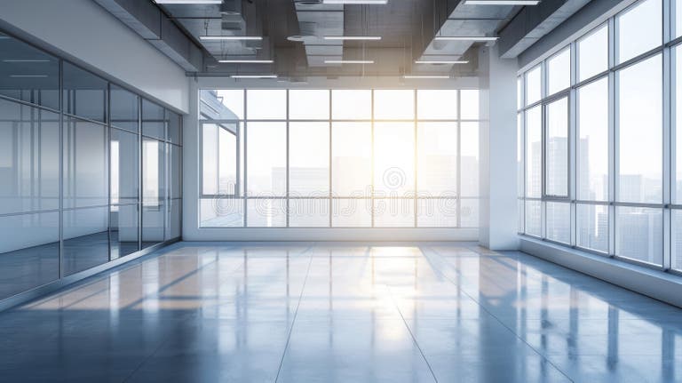 Contemporary Empty Office Space with Expansive Windows and Metropolitan ...
