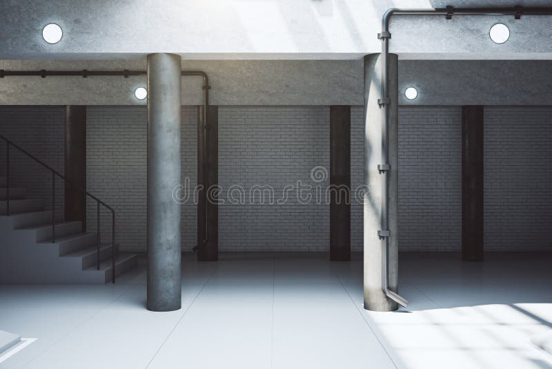 Contemporary Underground Interior with Stairs, Glass Doors and Empty ...