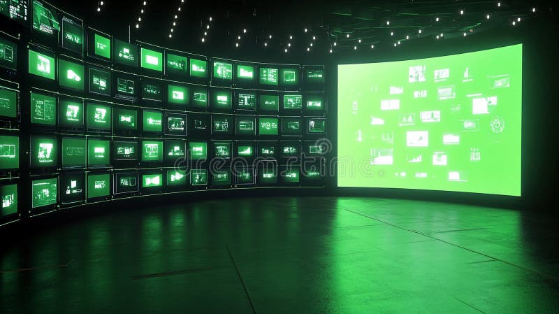 Modern Digital Exhibition Space Featuring Multiple Screens in Green ...