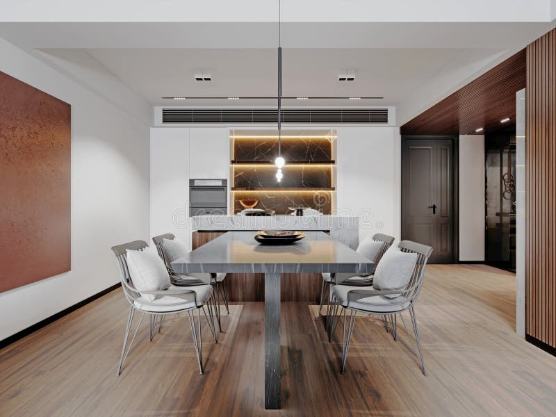 Contemporary Fitted Kitchen Design with White Paneling and Black Marble ...