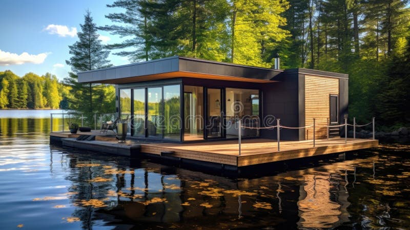 Contemporary Floating Cabin on Beautiful Lake Stock Photo - Image of ...