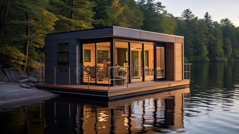 Contemporary Floating Cabin on Beautiful Lake Stock Illustration ...