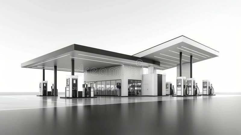 A Contemporary Fuel Dispensing Complex Presented in Black and White for ...