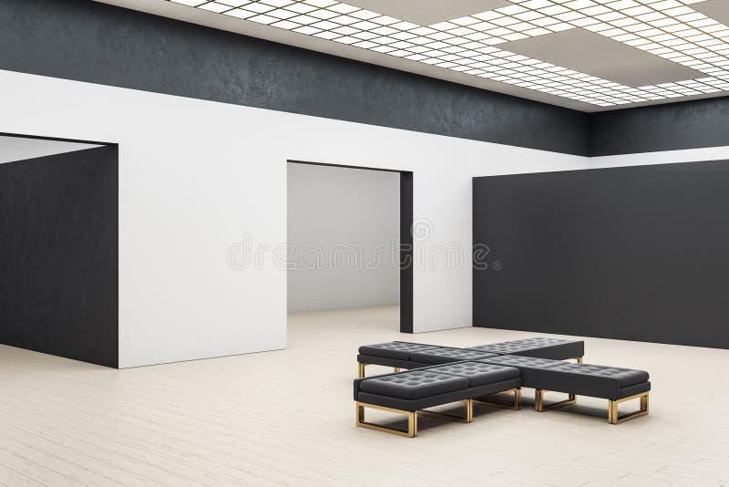 Contemporary Gallery Hall with Empty Black Wall Stock Illustration ...
