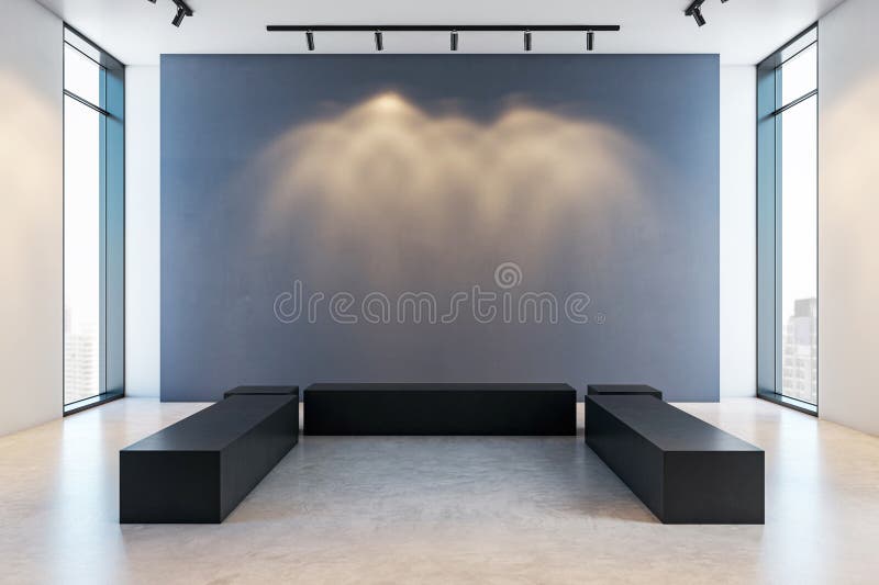 Contemporary Gallery Interior with Benches and Illuminated Cloud Mural ...