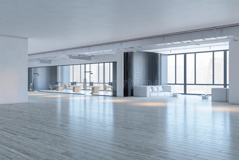 Contemporary Glass Corridor Office Interior with Window and City View ...