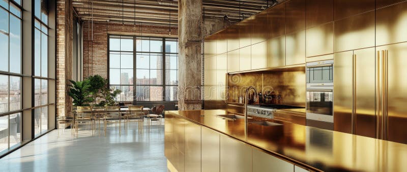 Contemporary Gold Kitchen Design in an Industrial Loft Stock Image ...