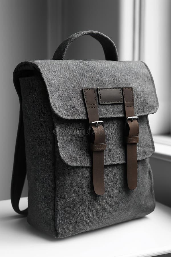 Stylish Gray Backpack with Leather Straps Placed Near a Window Stock ...