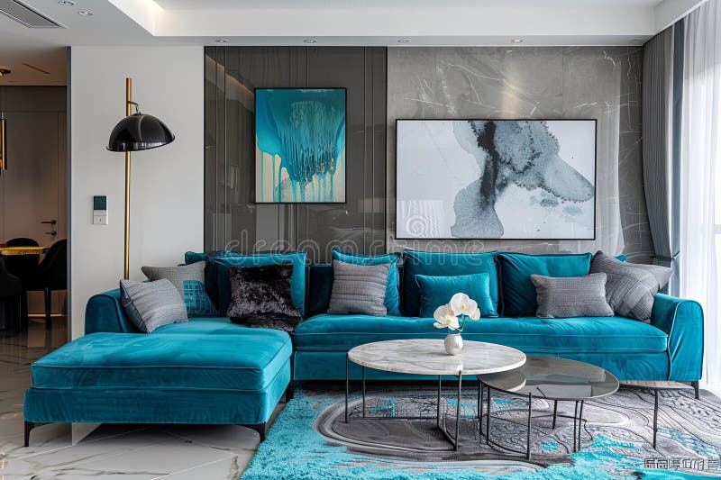 Contemporary Grey Living Room Featuring a Turquoise Blue Sofa Couch ...