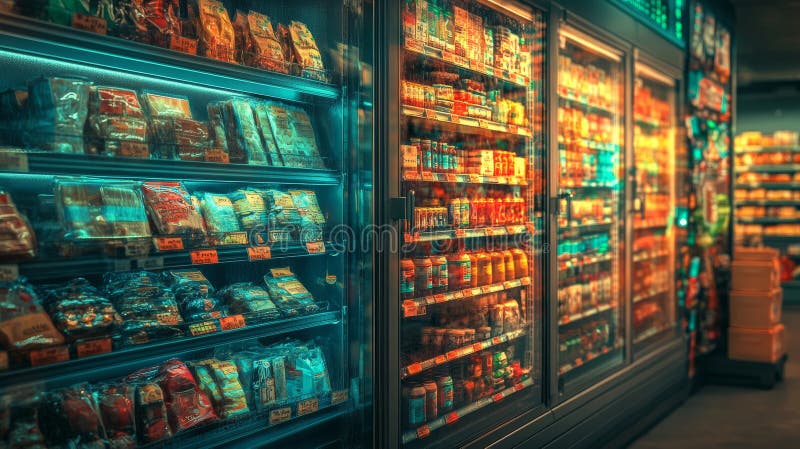 In a Contemporary Grocery Store, Aisles Display Glowing Digital Visuals ...