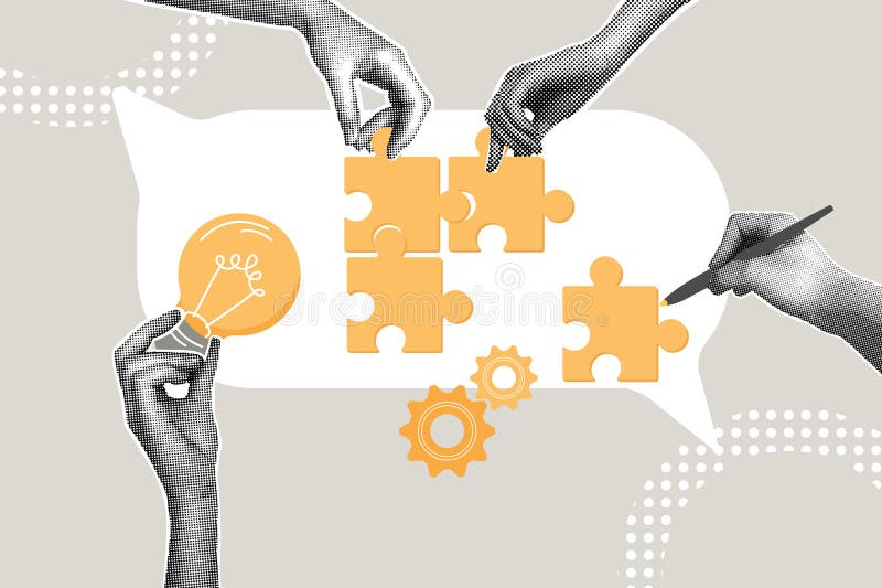 Contemporary Halftone Collage. Concept of Solving a Problem, Suggesting ...