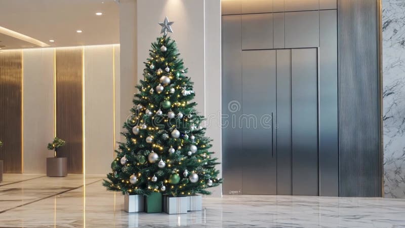A Beautifully Decorated Christmas Tree Stands in a Modern Hall Adorned ...