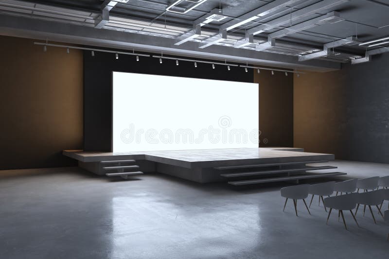 Contemporary Hall with Large Blank Screen, Staged Area, and Industrial ...