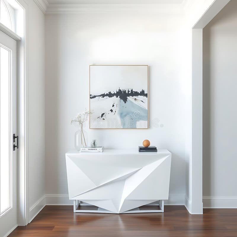 A Contemporary Hallway with a White Geometric Console Table Abstract ...