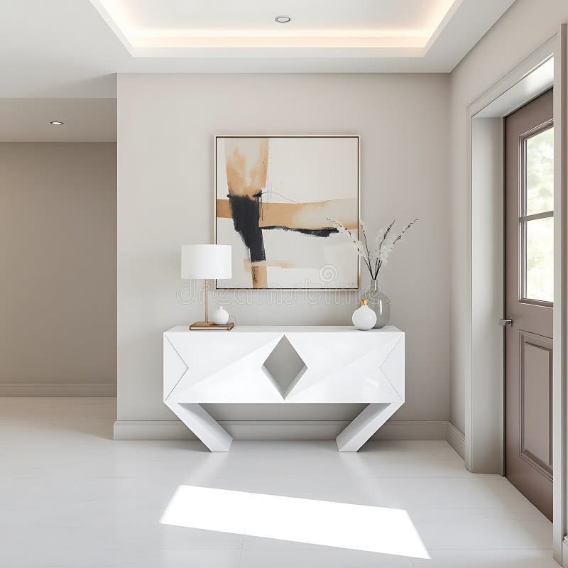 A Contemporary Hallway with a White Geometric Console Table Abstract ...
