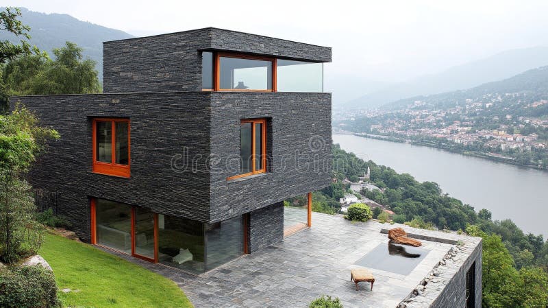 Contemporary Hillside Home with Dark Gray Stone Cladding, Expansive ...