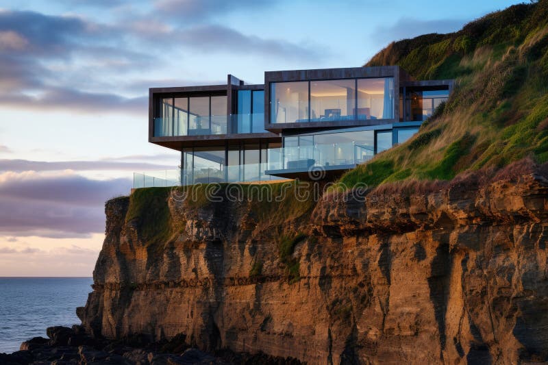 A Contemporary Home Built into a Cliff-side Stock Illustration ...