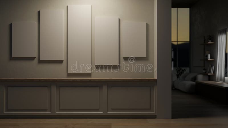 A Contemporary Home Corridor or Hallway at Night with Empty Picture ...