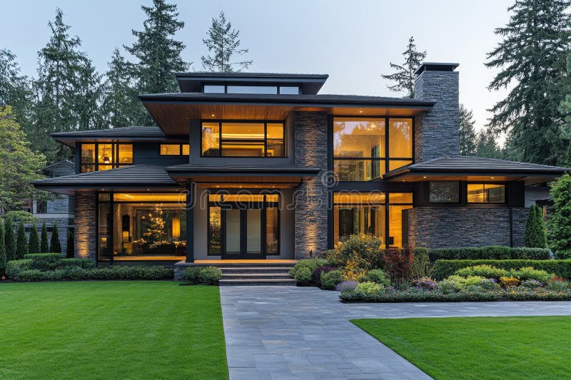 Contemporary Home Exterior at Dusk with Warmly Illuminated Pathway and ...
