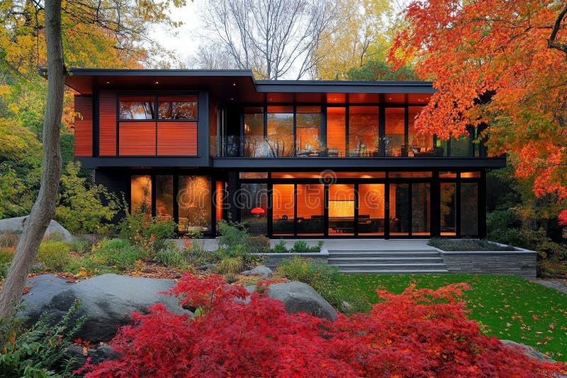 Contemporary Home with Fall Foliage Ai Stock Photo - Image of glass ...