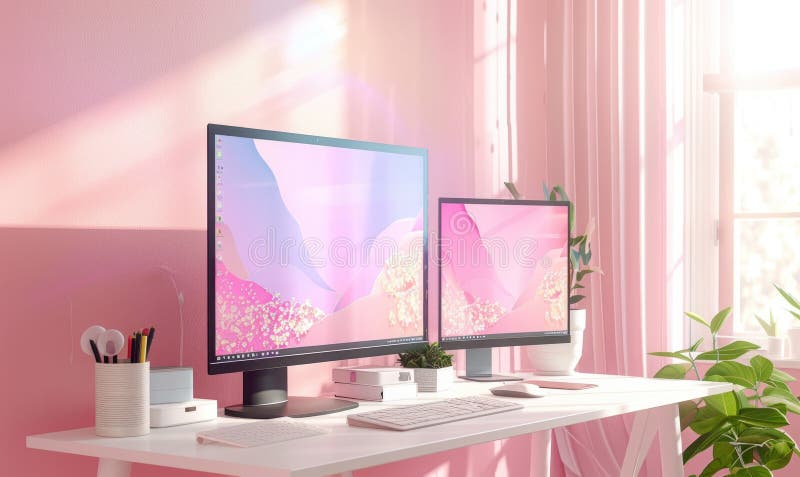 Contemporary Home Office, Dual Monitors on White Desk Stock Image ...