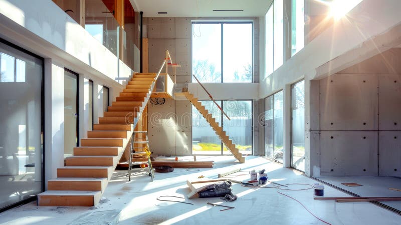 A Contemporary Home Under Construction Features a Stunning Staircase ...