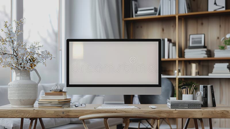 Contemporary Home Workspace with Blank Computer Screen, Shelves with ...