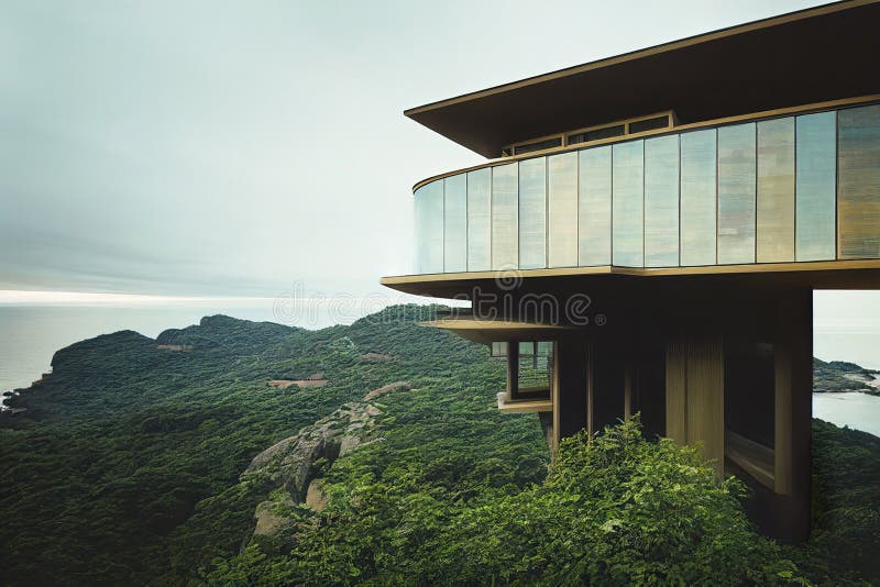 Contemporary House on a Cliff Overlooking the Ocean Stock Illustration ...