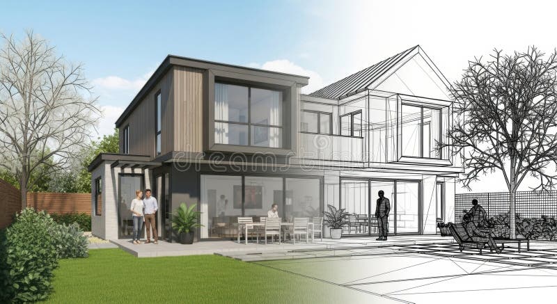 Contemporary House Design with Sketch Overlay and Realistic Render ...