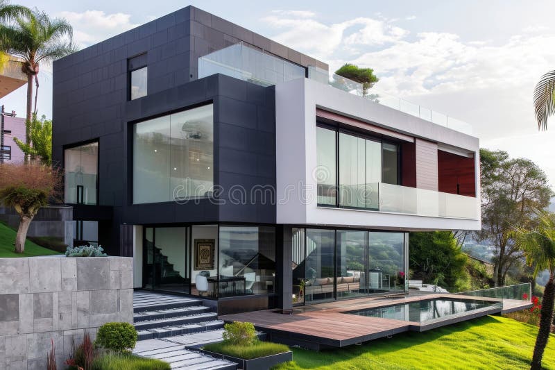 A Contemporary House Featuring a Pool in Front, Creating a Stylish and ...