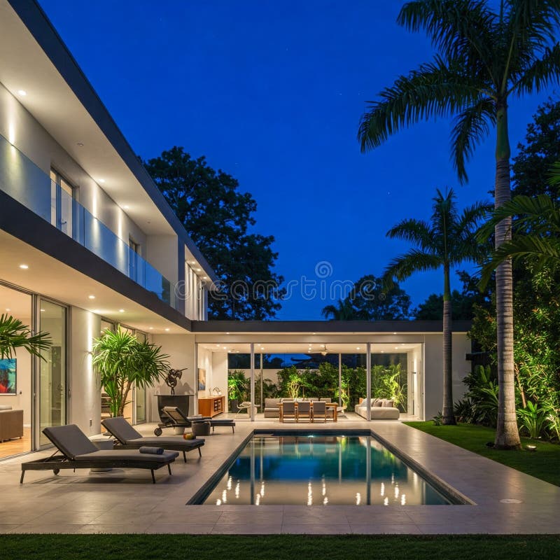 Modern House Pool Palm Reflection Night (Generated with AI) Stock Illustration - Illustration of ...