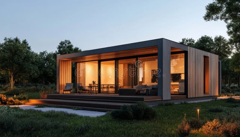 Contemporary House at Sunset a Minimalist Design with Wooden Cladding ...