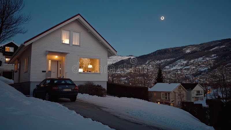 A Contemporary House with White Cladding and Glass Windows Glows Warmly ...