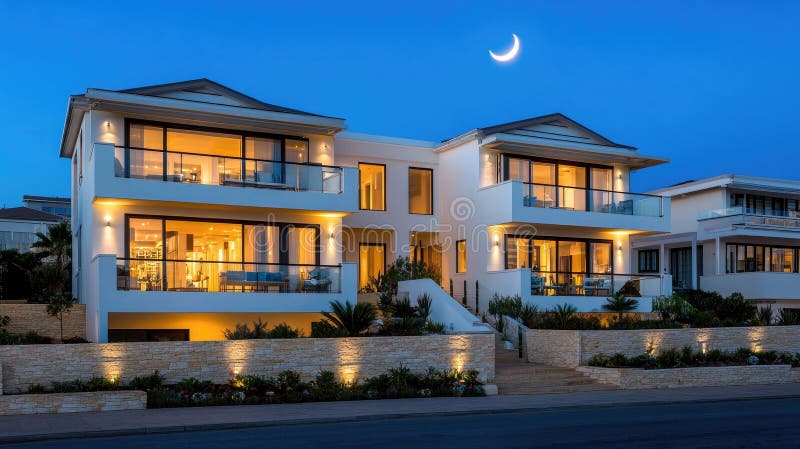 A Contemporary House with White Cladding and Glass Windows Glows Warmly ...