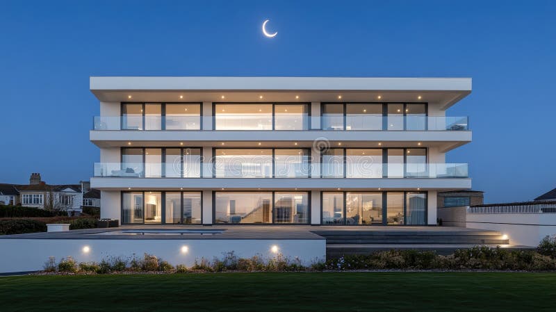 A Contemporary House with White Cladding and Glass Windows Glows Warmly ...