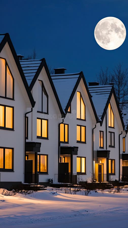 A Contemporary House with White Cladding and Glass Windows Glows Warmly ...