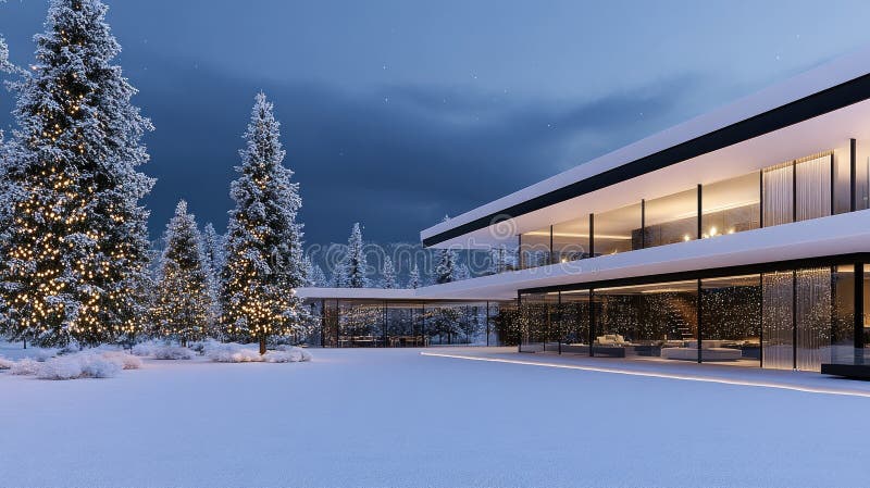 A Contemporary House with White Cladding and Glass Windows Glows Warmly ...