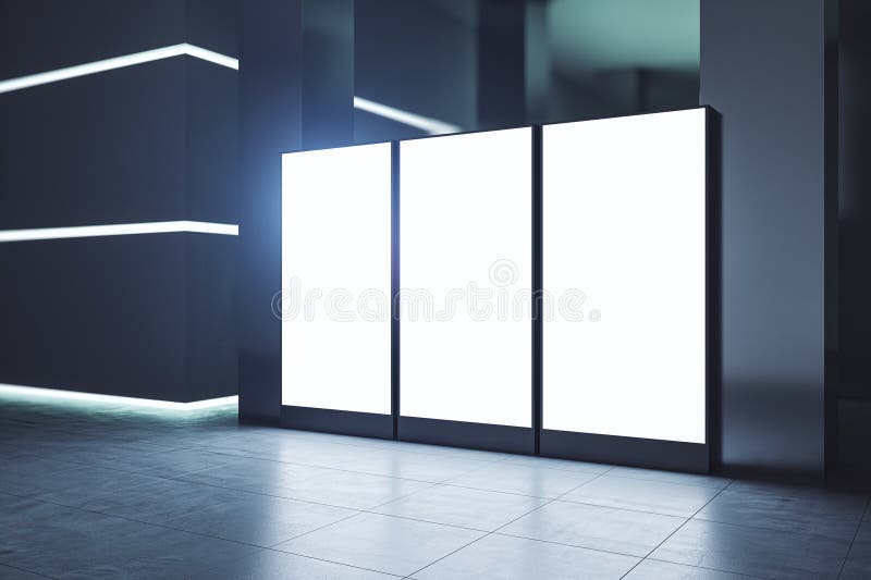 Contemporary Illuminated Concrete Exhibition Hall Interior with Empty ...