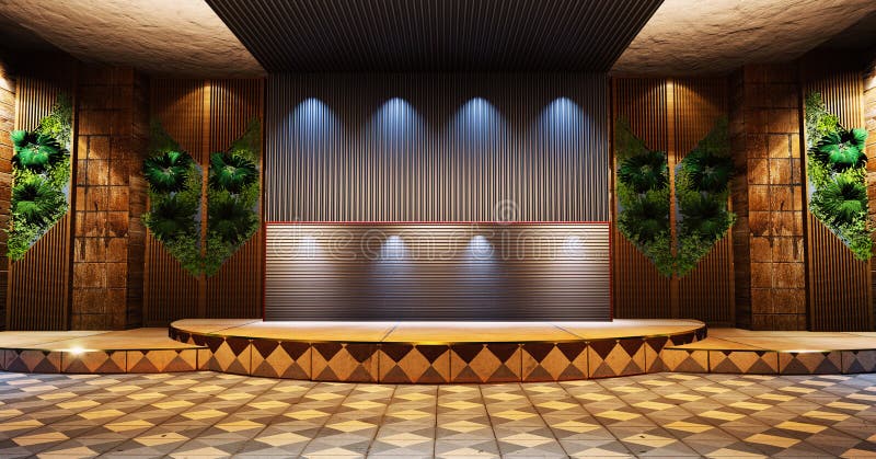 Contemporary Indoor Stage Featuring Geometric Tile Patterns and Lush ...