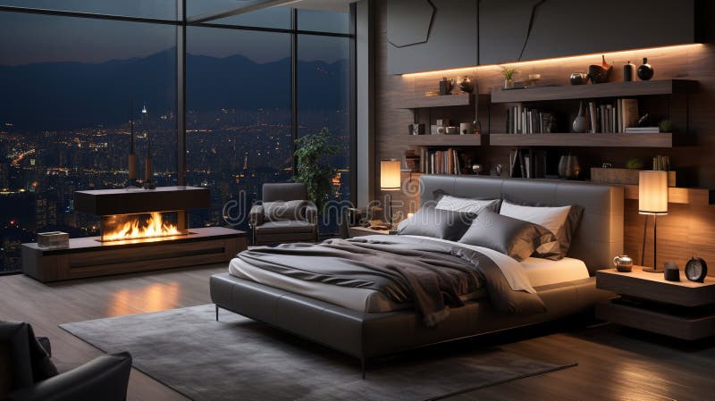 Contemporary Interior Design of Bedroom Dark Themed Background Stock ...