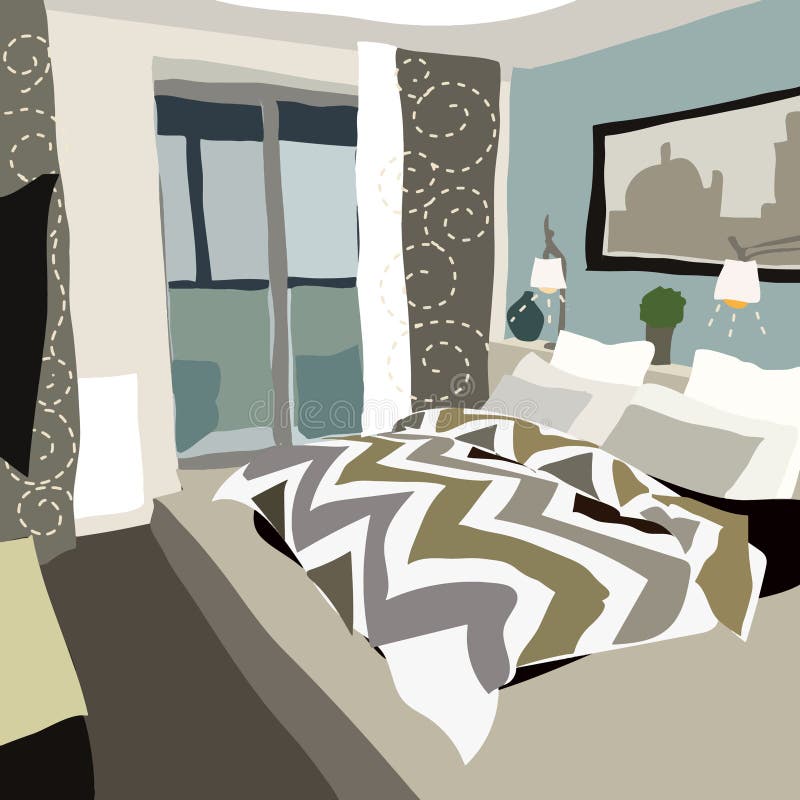 Contemporary Interior Doodles Bedroom. Stock Vector - Illustration of ...