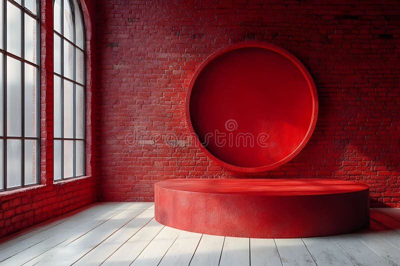 Bold Red Interior with Circular Platform and Brick Wall for Modern ...