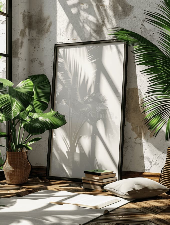 Contemporary Interior Poster Mockup with Tropical Elements and Sunlight ...