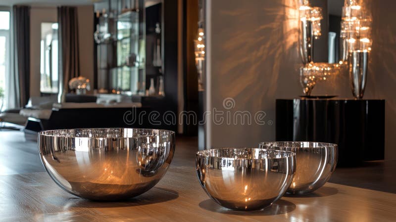 Contemporary Interior with Reflective Metallic Bowls and Elegant ...