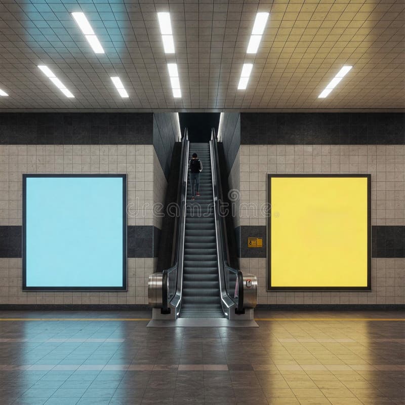 Modern Escalator Hall with Two Blank Colorful Billboards on Wall Mockup ...